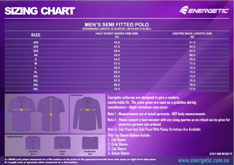 Sizing Charts - For Reference - Gordon Football & Netball Club